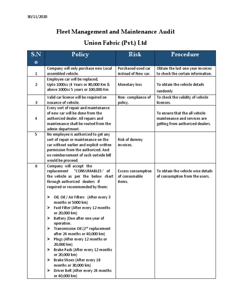 Fleet Management Maintenance Audit Report | PDF | Car | Employment