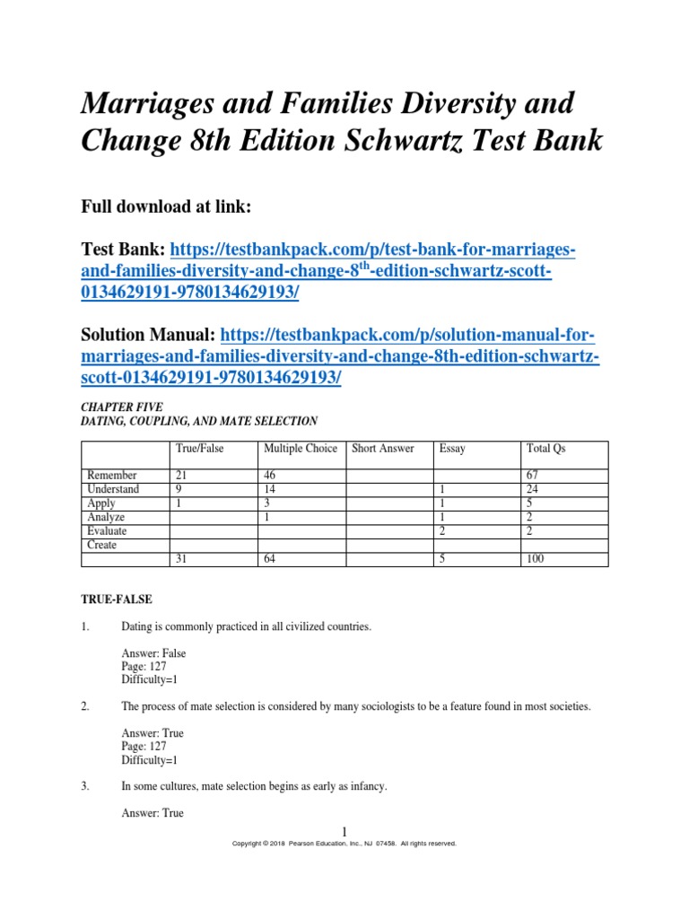Marriages and Families Diversity and Change 8th Edition Schwartz Test ...