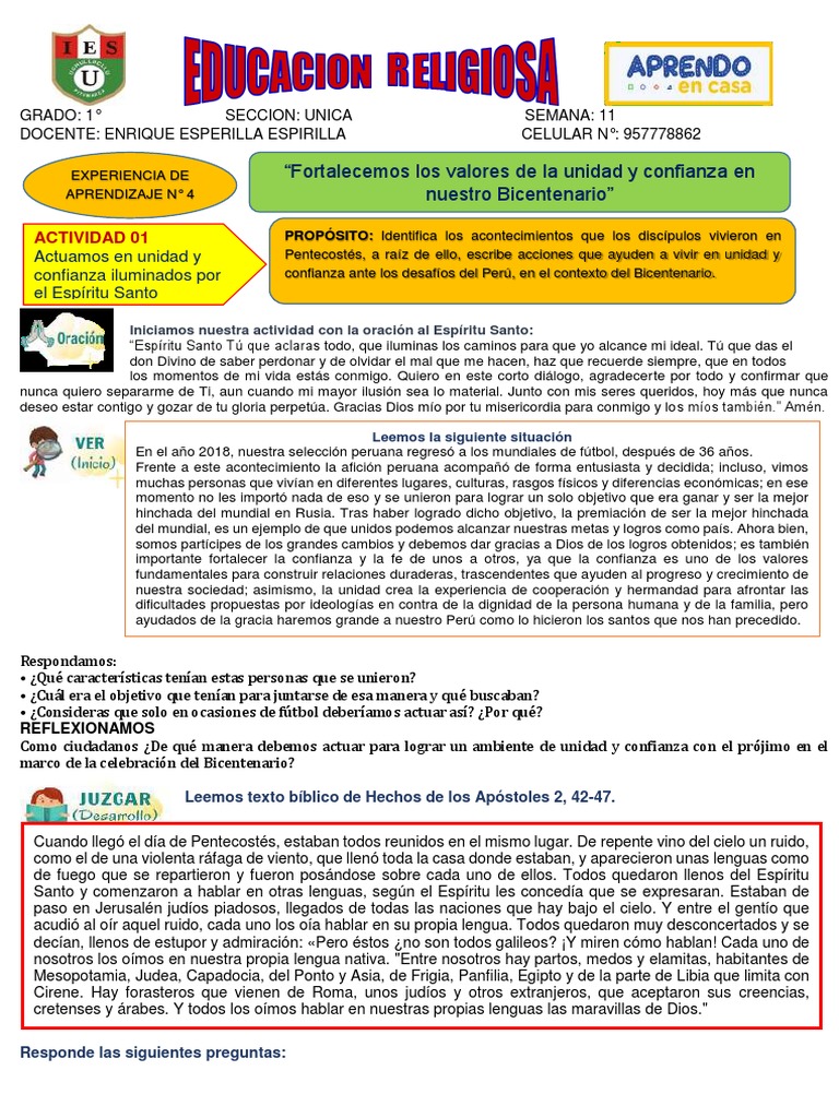 Ficha de Religion 1ro Semana 11 | PDF