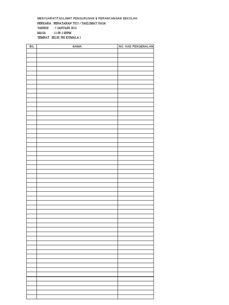 Template Kehadiran Taklimat | PDF