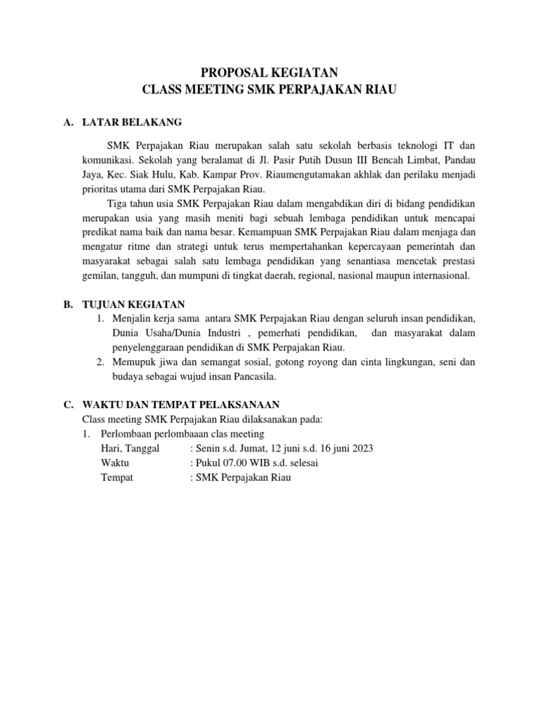 Proposal Class Meeting SMK Perpajakan Riau | PDF