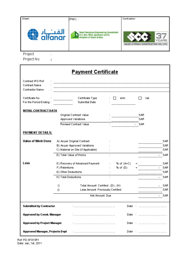 PD .SF015.R1 Payment Certificate Form | PDF | Business | Economies
