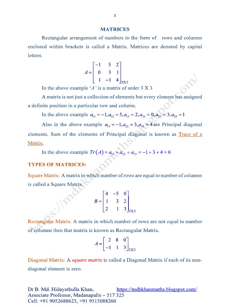 Matrices Full Notes I A | PDF