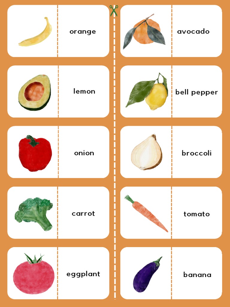Colorful Watercolor Fruits and Vegetables Domino Game Worksheet | PDF