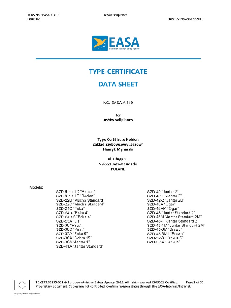 EASA-TCDS-A.319 - Jezow Sailplanes - Issue - 02 - Temp | PDF | Flight ...