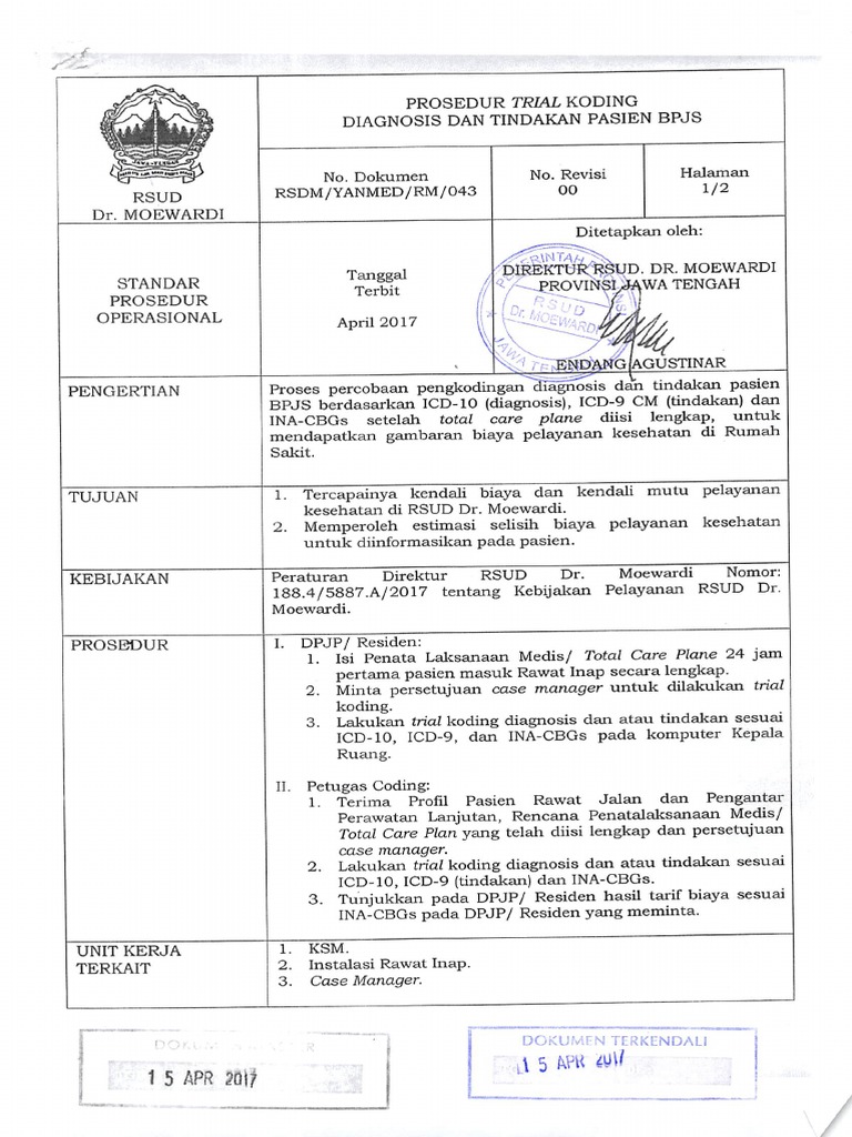 RM 043 Prosedur Trial Koding Diagnosis Dan Tindakan Pasine BPJS | PDF