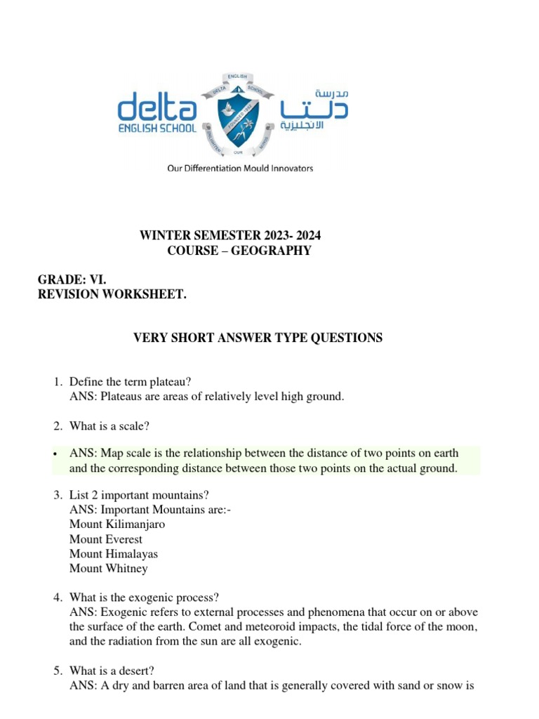 6th GEOGRAPHY WORKSHEET Answers | Download Free PDF | Glacier | Monsoon
