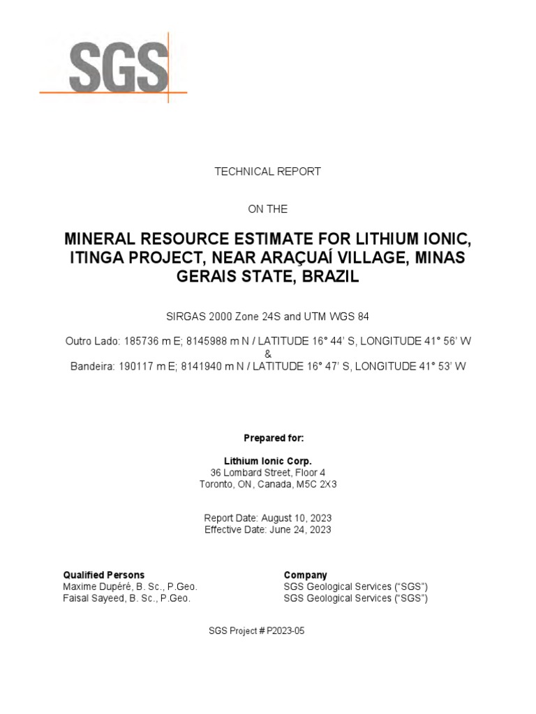 NI 43 101 Lithium Ionic Technical Report 1691939720 | PDF NI 43 101 Lithium Ionic Technical Report 1691939720 | PDF