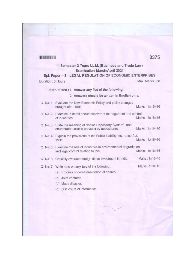 0375 LEGAL REGULATION OF ECONOMIC ENTERPRISES 3rd Sem | PDF