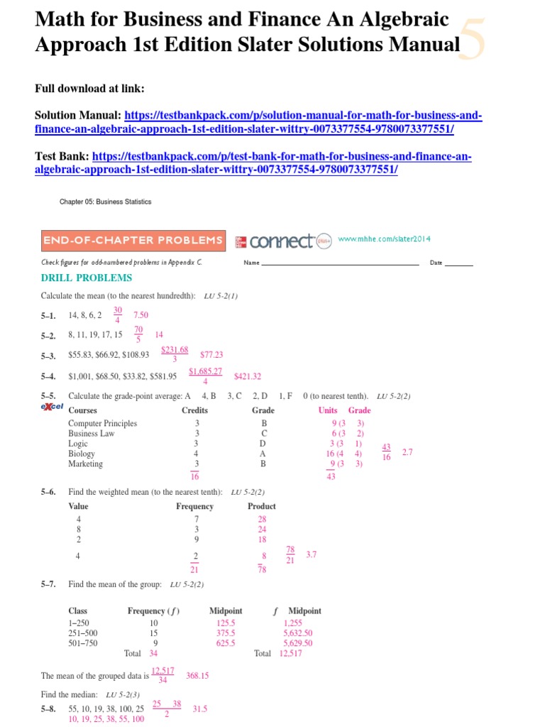 Math For Business and Finance An Algebraic Approach 1st Edition Slater ...