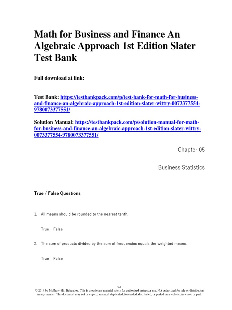 Math For Business and Finance An Algebraic Approach 1st Edition Slater ...