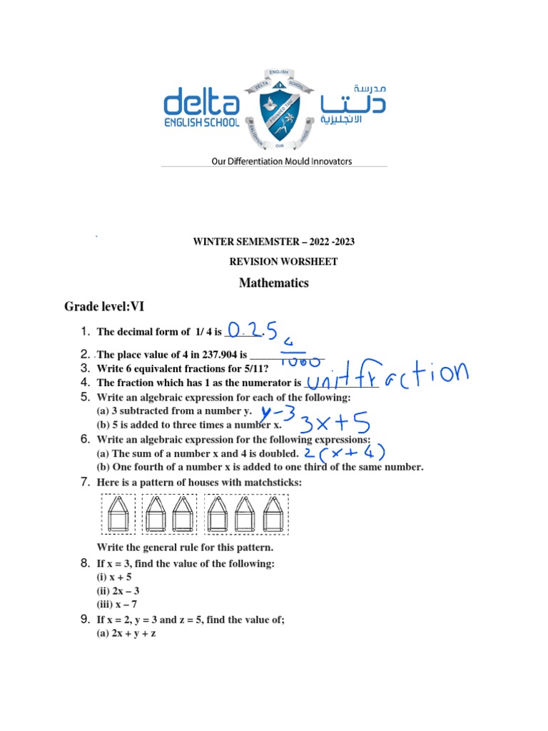 Grade VI Mathematics Revision Worksheet | PDF | Numbers | Circle