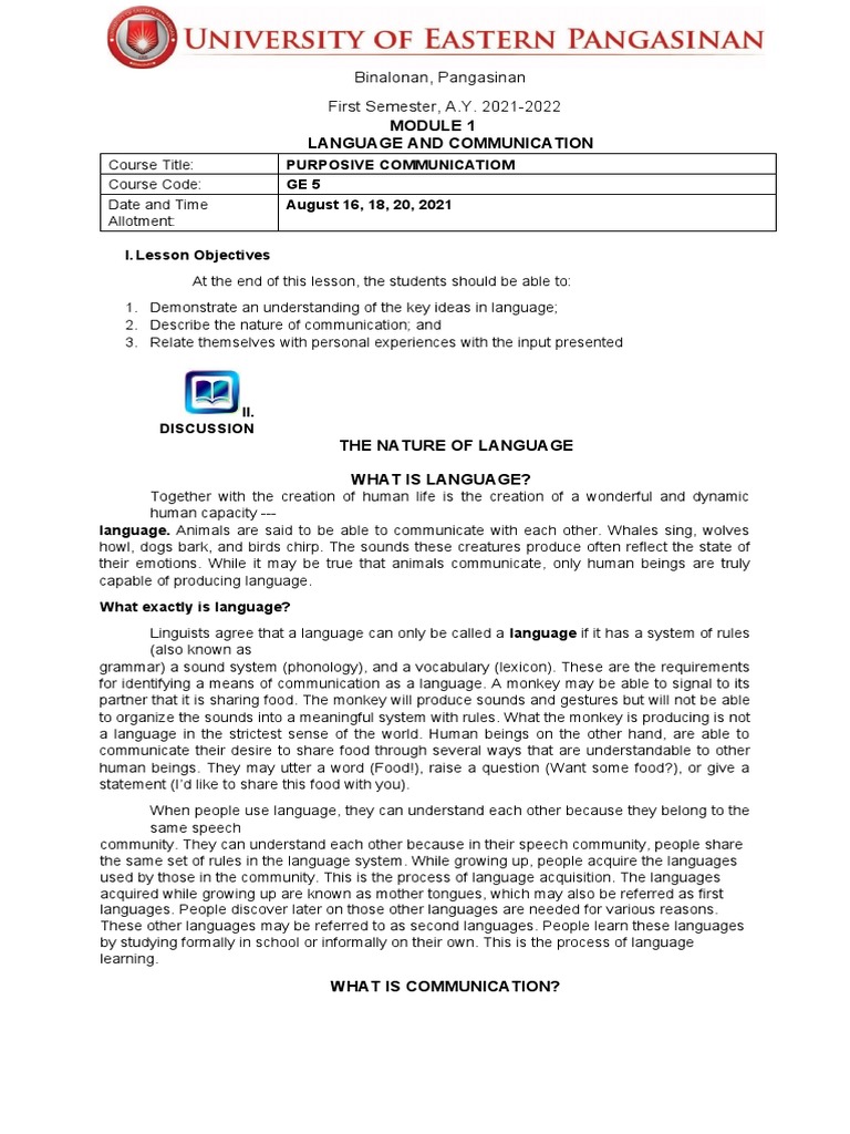 Module 1 Language and Communication | Download Free PDF | Communication | Nonverbal Communication