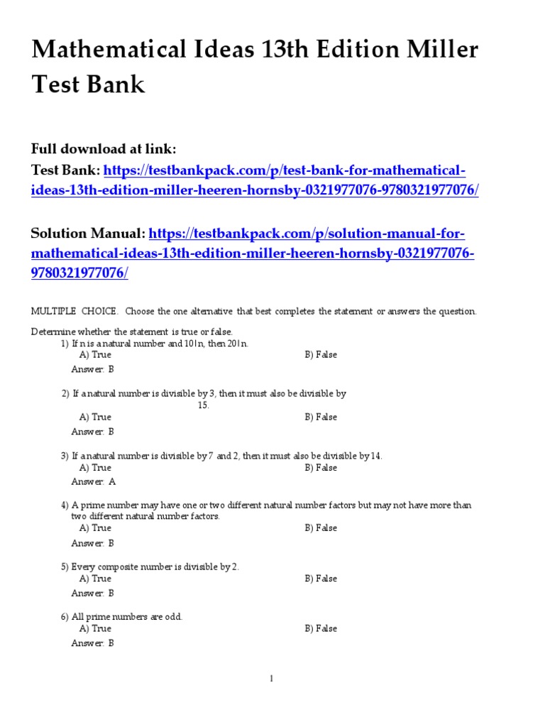 Mathematical Ideas 13th Edition Miller Test Bank 1 | PDF