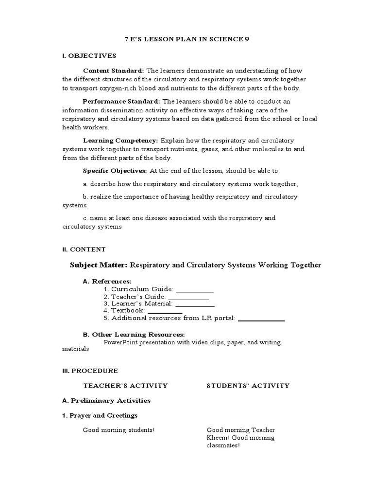Demo 7e's Lesson Plan Science 9 | PDF | Blood | Respiratory System