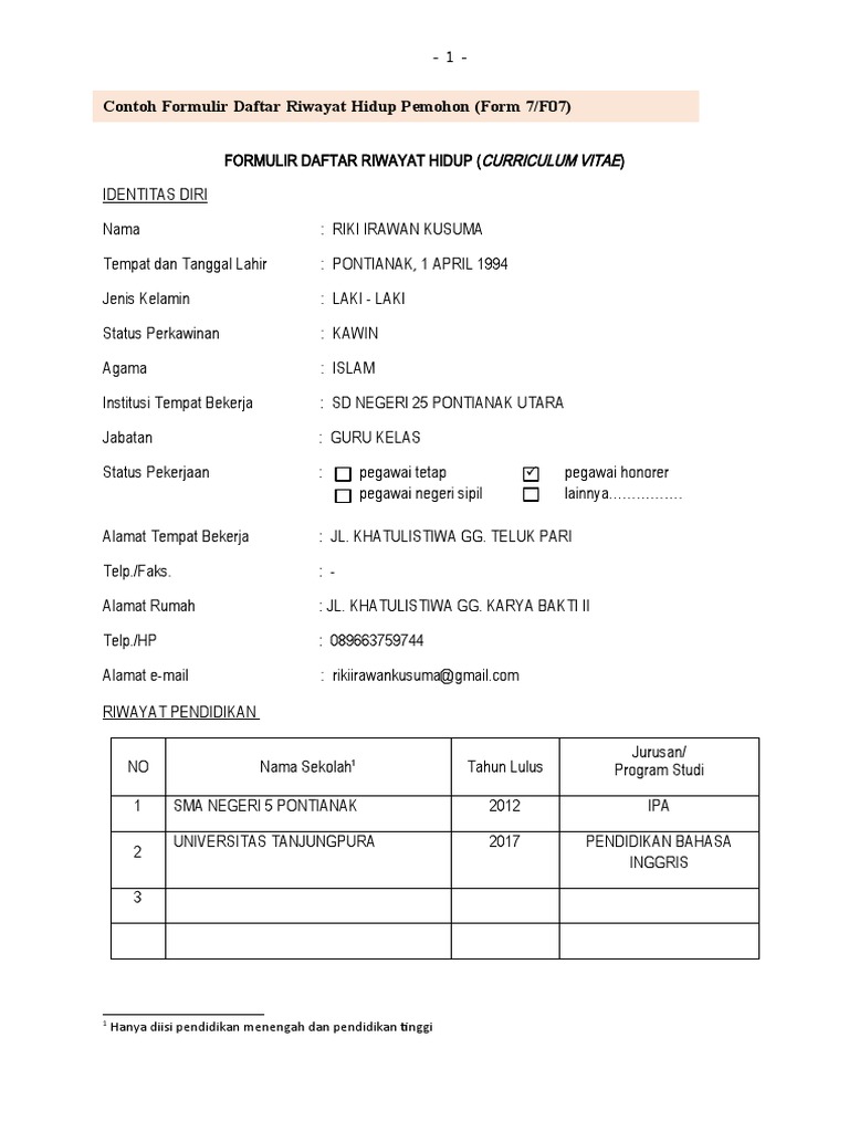 Formulir_Daftar_Riwayat_Hidup_Pemohon_0 | PDF