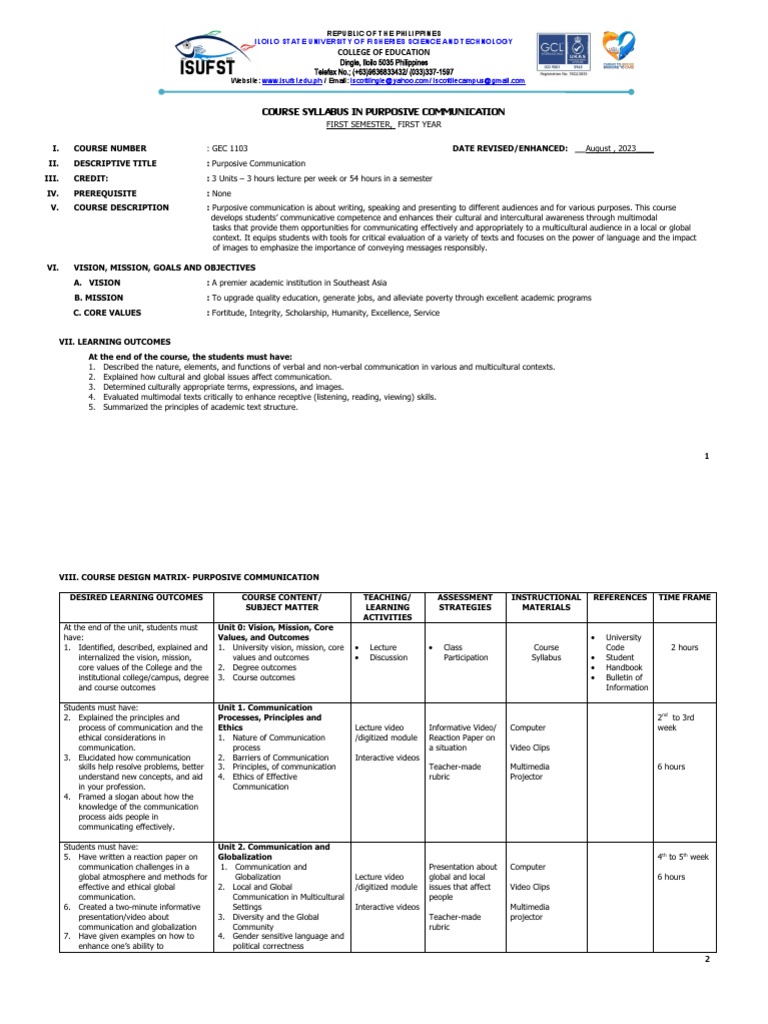 Course Syllabus OBE 2023 Purposive Communication | PDF