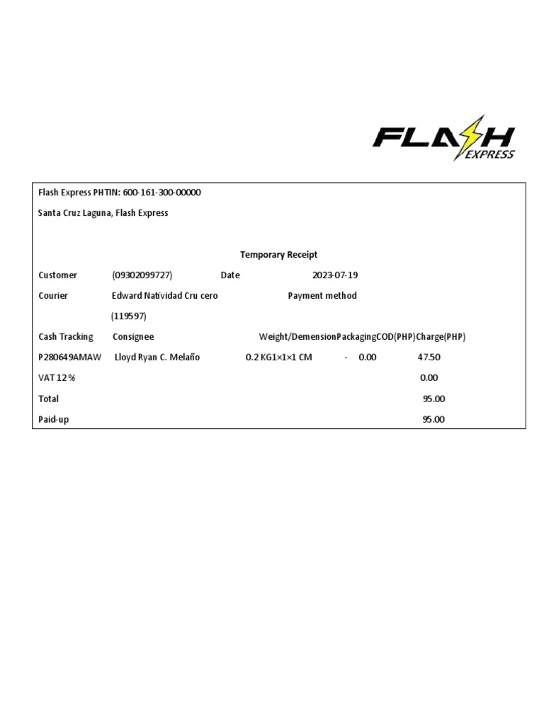 Flash Express Temporary Receipt 2023 | PDF