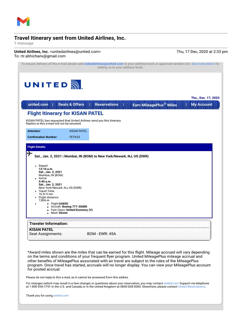 Gmail - Travel Itinerary Sent From United Airlines, Inc. | PDF | United ...