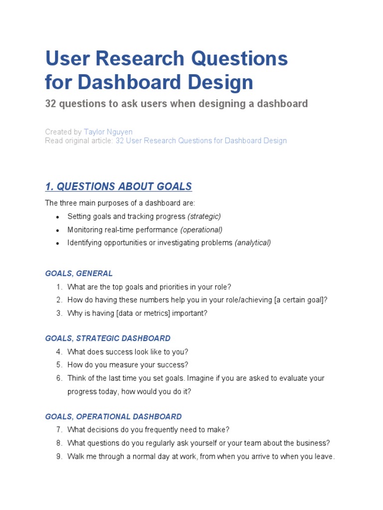 User Research Questions For Dashboard Design | PDF | Performance ...