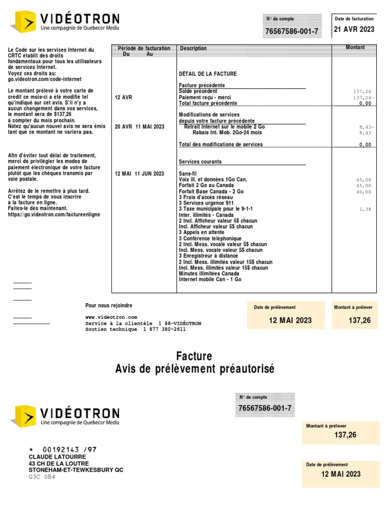 Facture Videotron | PDF