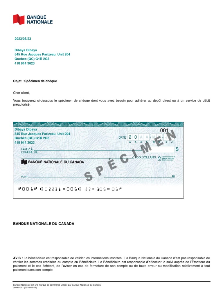 Spécimen de Chèque Compte Chèques Joseph Dibaya | PDF