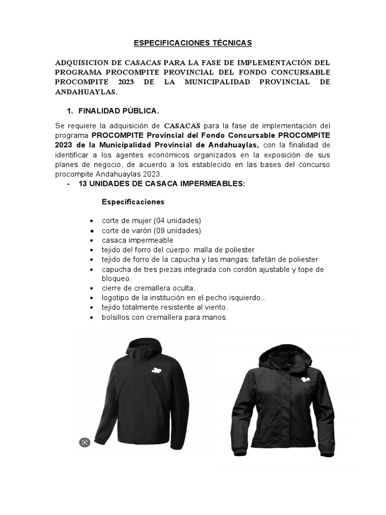 Especificaciones Técnicas Casacas | PDF