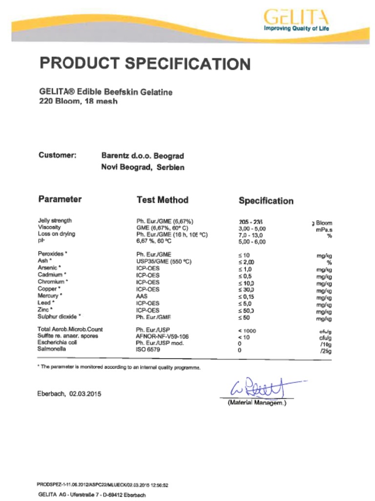 Zelatin - Pro - Spec. Bovine Gelatine 220 Bloom | PDF