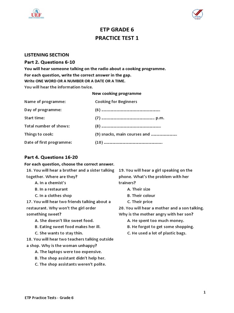 ETP Grade 6 - Practice Tests | PDF