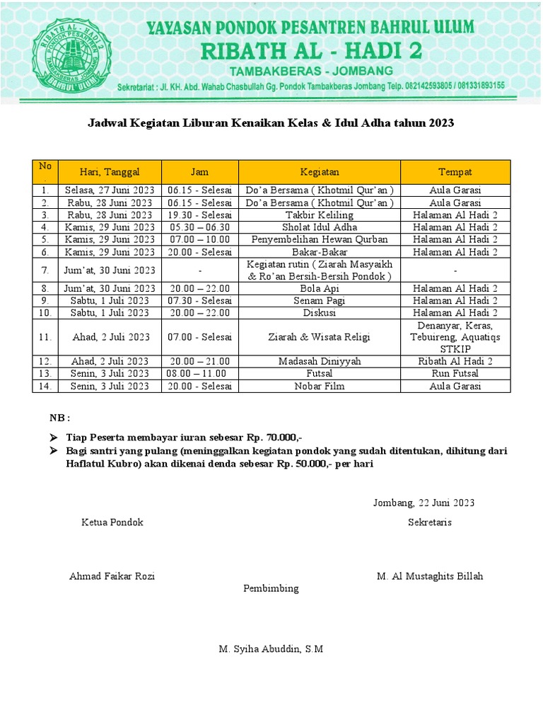 Jadwal Kegiatan Liburan Kenaikan Kelas | PDF