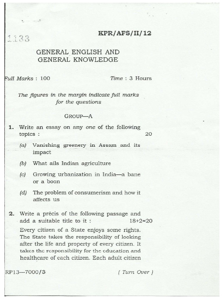 APSC Assam Finance Service 2015 - General English & General Knowledge Question Paper | PDF