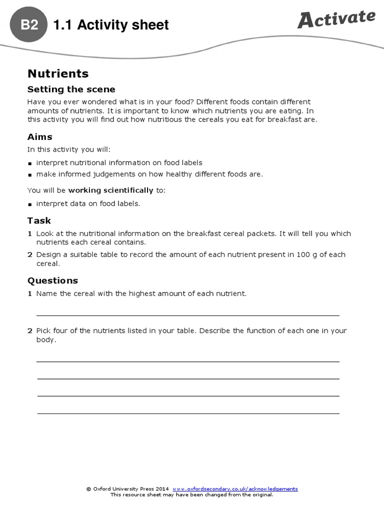 Nutrients Worksheet | PDF | Nutrition | Diet & Nutrition