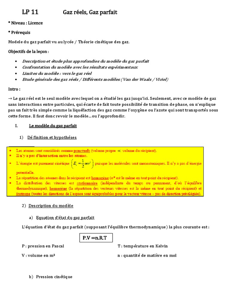 Modèles de gaz parfait et réel | PDF