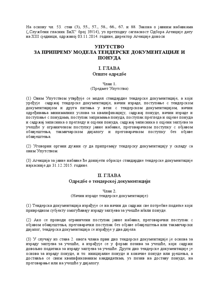 Uputstvo Za Pripremu Modela Tenderske Dokumentacije I Ponuda SG BIH Br. 90 14 | PDF