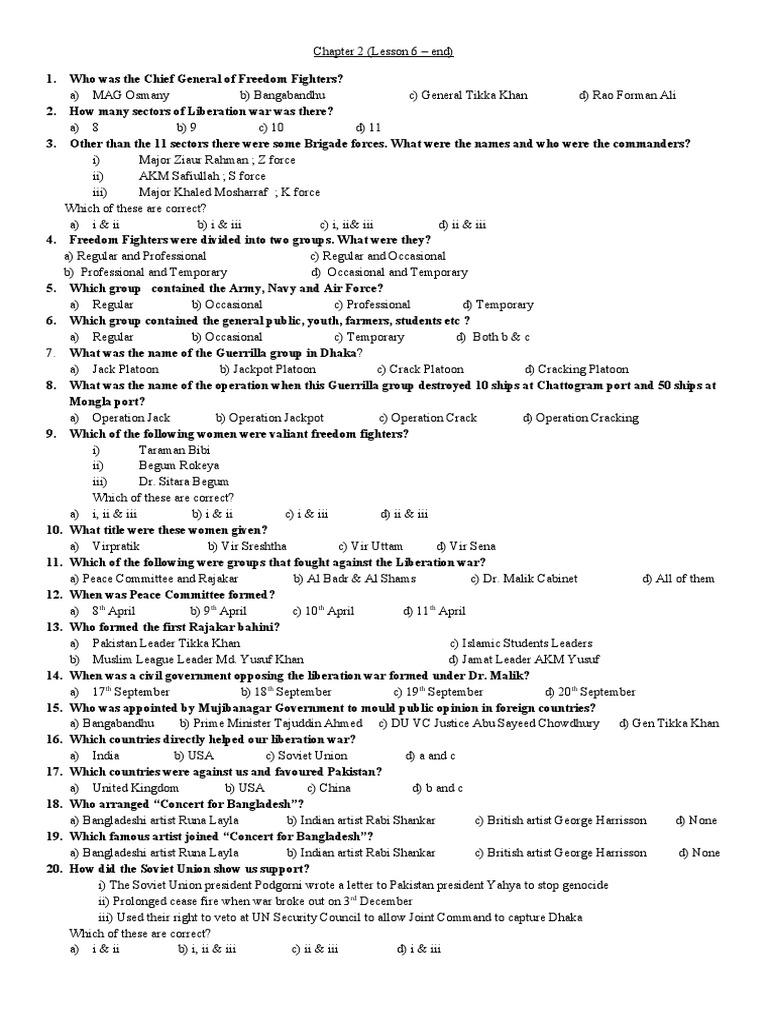 Class 8 BGS Chapter-2 MCQ (Lesson 6-End) | PDF