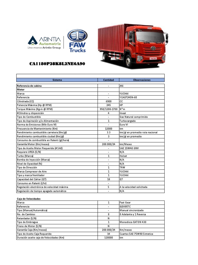Ficha Técnica CA1180 FAW | PDF