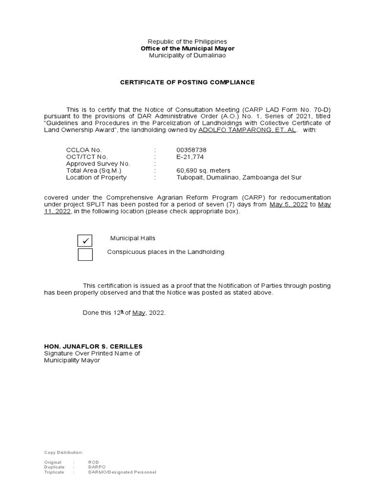 Certificate of Posting Compliance (Municipal Mayor) | PDF