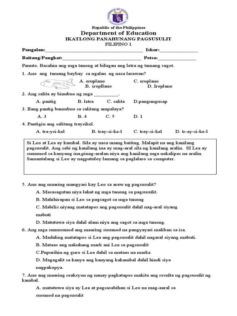 Q3 Periodical Test in Filipino 1 | PDF