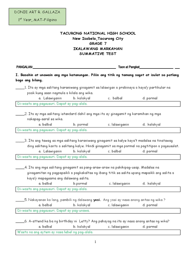 Test Questionnaire | PDF