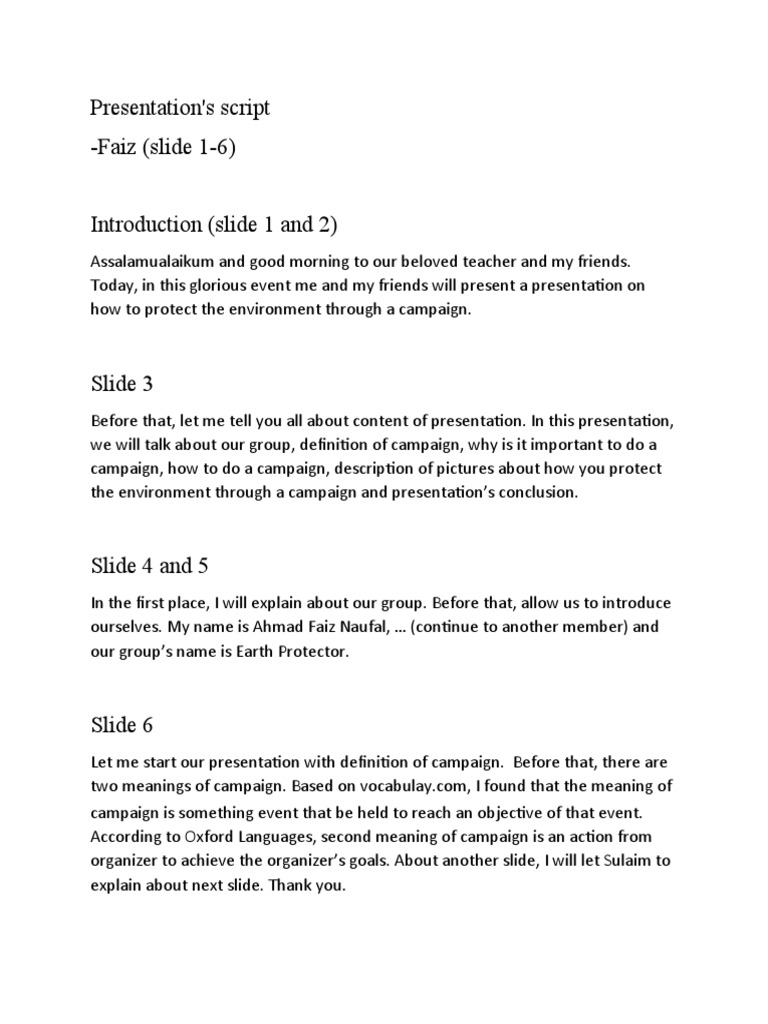 Presentation's Script - Faiz (Slide 1-6) Introduction (Slide 1 and 2) | PDF | Career & Growth ...