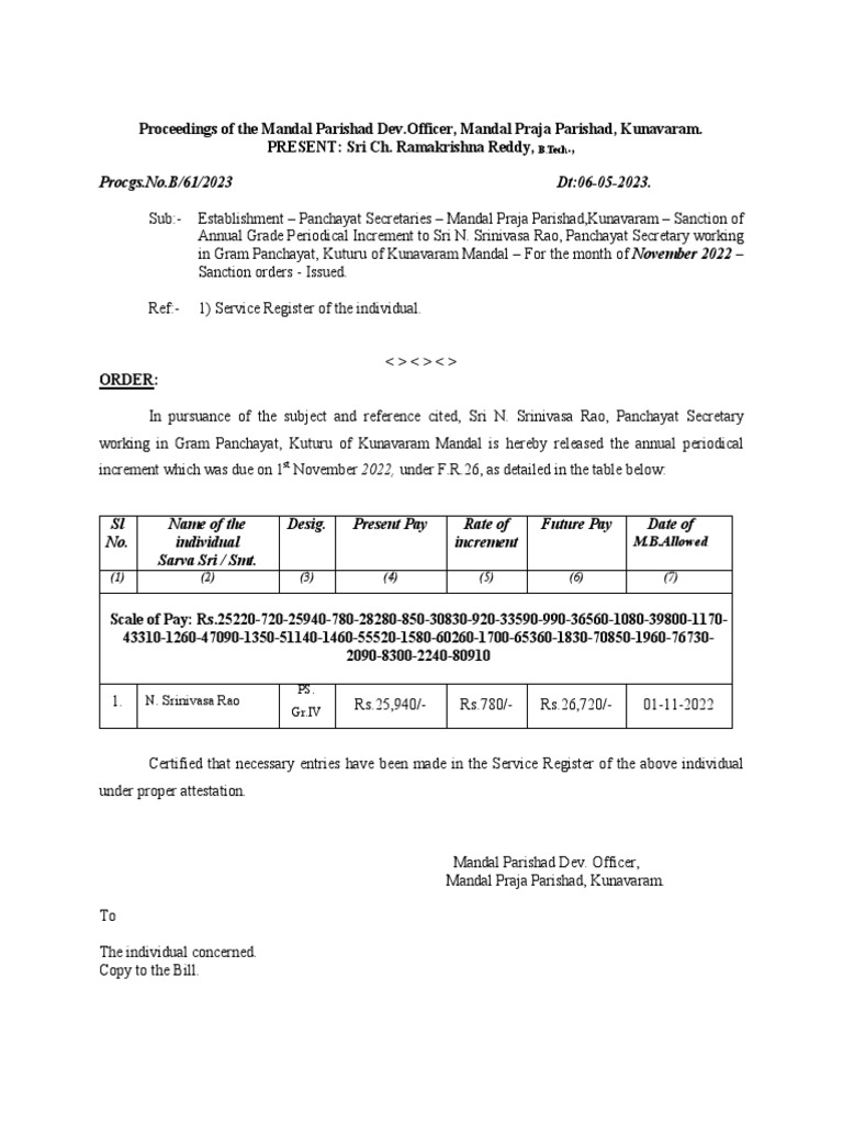 Increment Sanction To N Srinivas Rao PS Kuturu | PDF