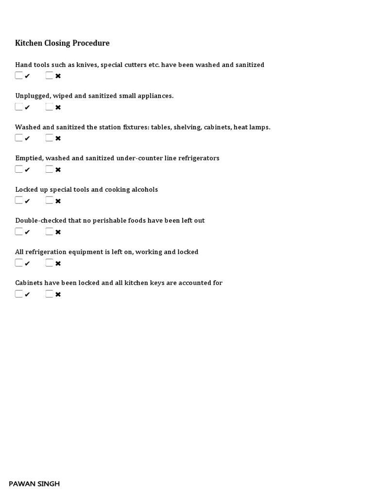 Kitchen Closing Checklist | PDF