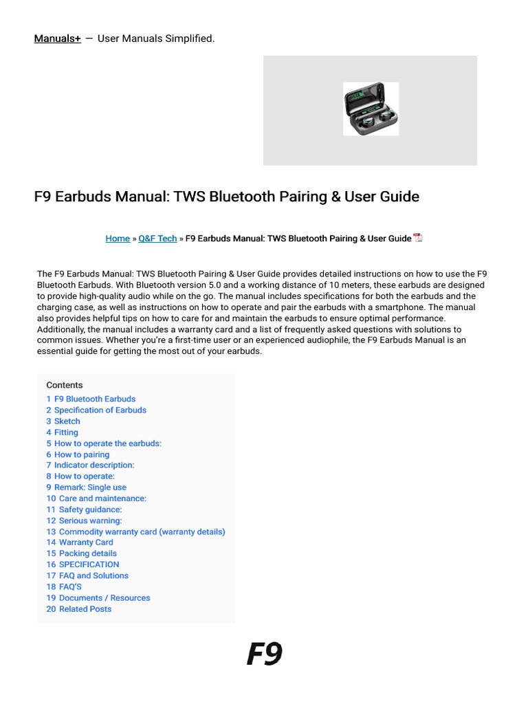 f9 Bluetooth Earbuds Manual | PDF