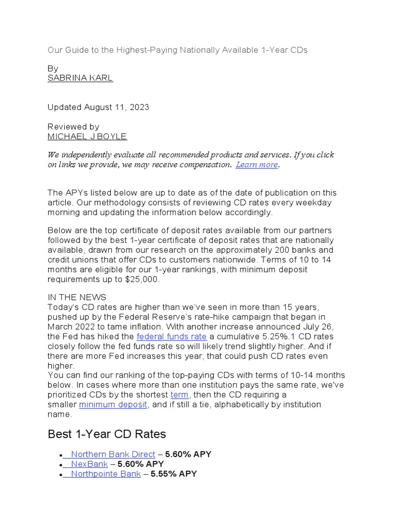 Best 1-Year CD Rates For August 2023 | PDF