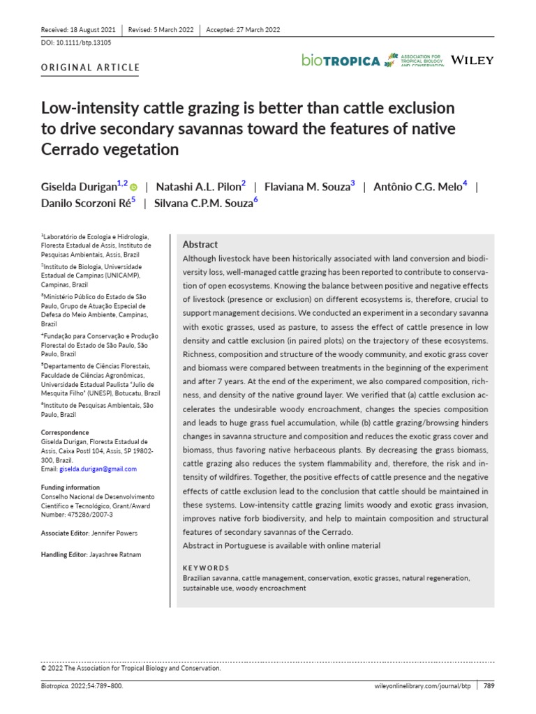 Biotropica - 2022 - Durigan - Low Intensity Cattle Grazing Is Better ...