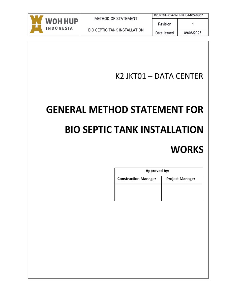 Method of Statement Bio Septic Tank Installation | PDF