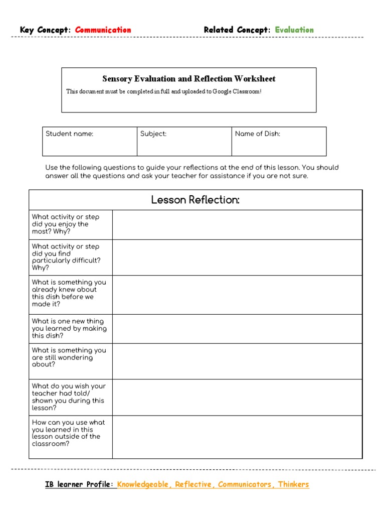 Sensory Evaluation and Reflection Worksheet | PDF