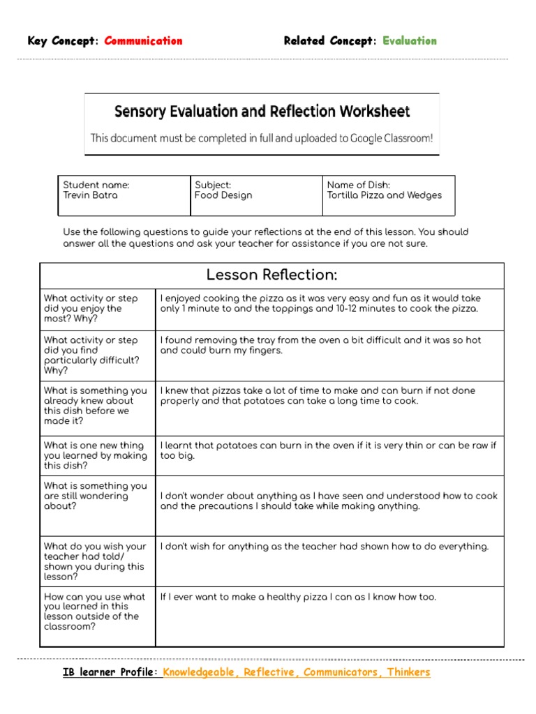 Sensory Evaluation and Reflection Worksheet | PDF | Taste | Behavior Modification