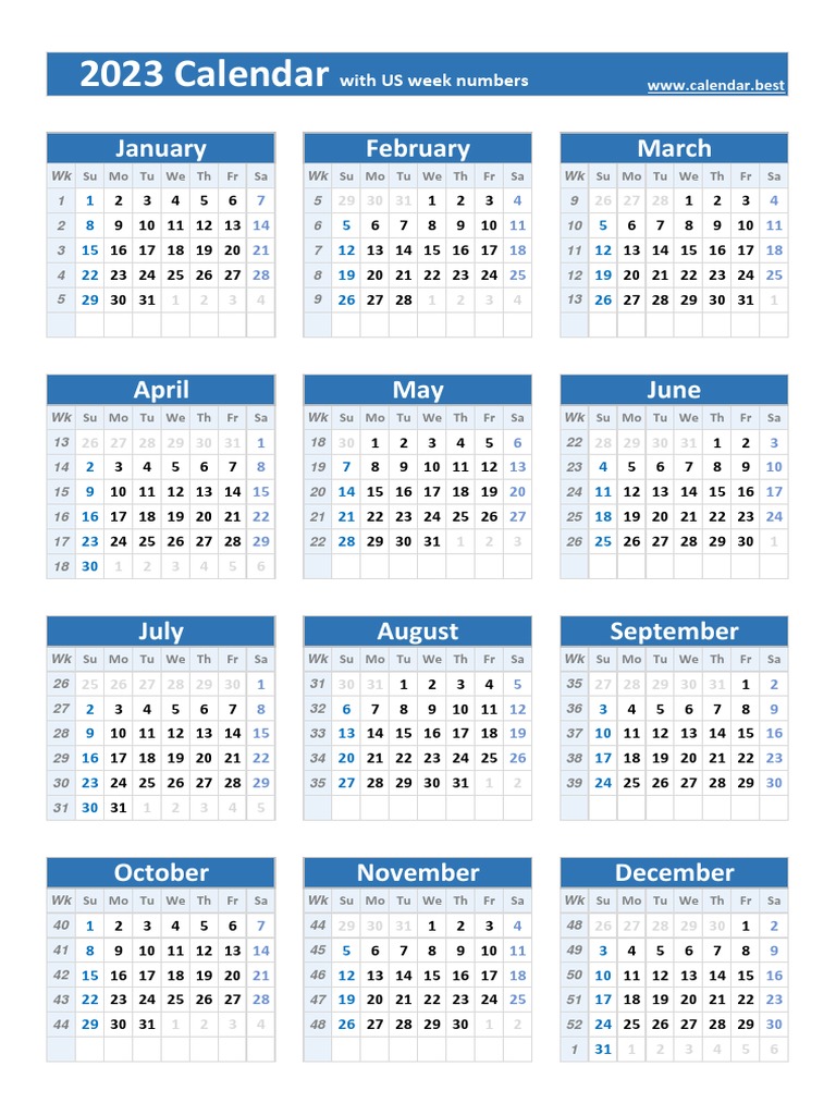 2023 Calendar With Us Week Numbers Portrait Blue | PDF