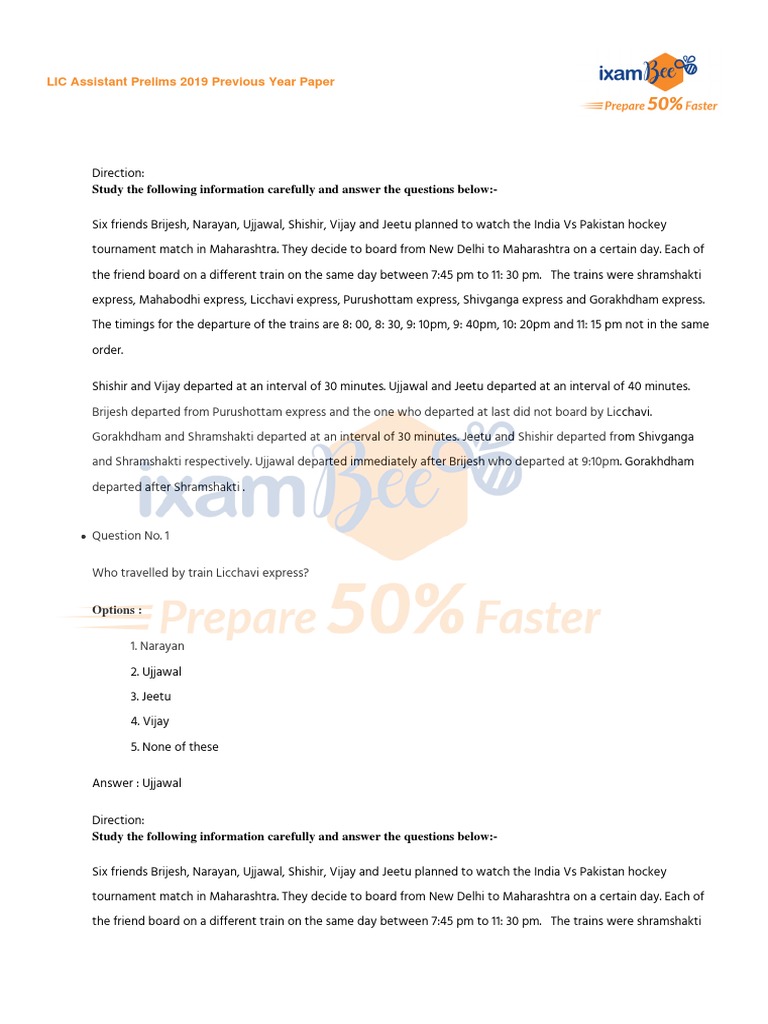 LIC Assistant Prelims 2019 Previous Year Paper | PDF